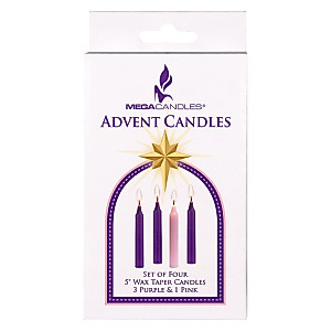 Mega Candles 4 pcs Unscented Christmas Advent Candles Set, Hand Poured Premium Wax Taper Candle 5 Inch x 3/4 Inch, Holidays, Celebrations, Devotional, Church, Wreath, Party, Gifts