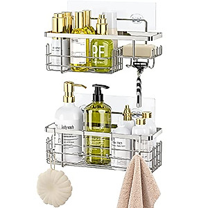 PARAKE Shower Caddy Organizer with Soap Holder, 2-Pack SUS304 Stainless Steel Shower Shelves, Self Adhesive Rustproof Shower Caddy with Hooks, for Bathroom Shampoo Soap Storage Kitchen Rack, Silver