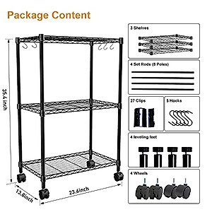 Storage Shelves, 3 Tier Shelf Adjustable Wire Shelving Unit, Sturdy Steel Metal Shelves Heavy Duty Shelving Rolling Cart with Casters for Garage, Kitchen, Living Room, Bathroom, 23.6L X 13.8W X 35.4H