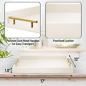 17" x 12" Wood Serving Tray with Gold Polished Metal Handles, Home Decorative Wooden Rectangle Ottoman Decor Platter Bathroom Vanity Tray for All Occasions White