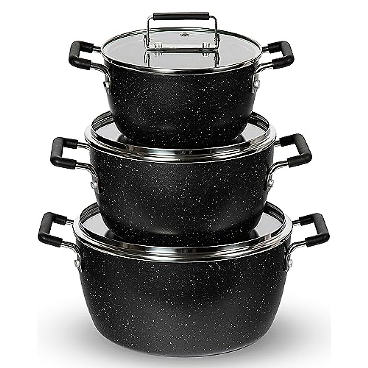 Granitestone 6 Pc Stackable Pot Set, Nesting Non Stick Pots with Lids, Cooking Pots Set, Stock Pot Set with 1.5/3 / 5 Qt Pots with Lids, Induction Cookware, Dishwasher Safe, Non Toxic - Black