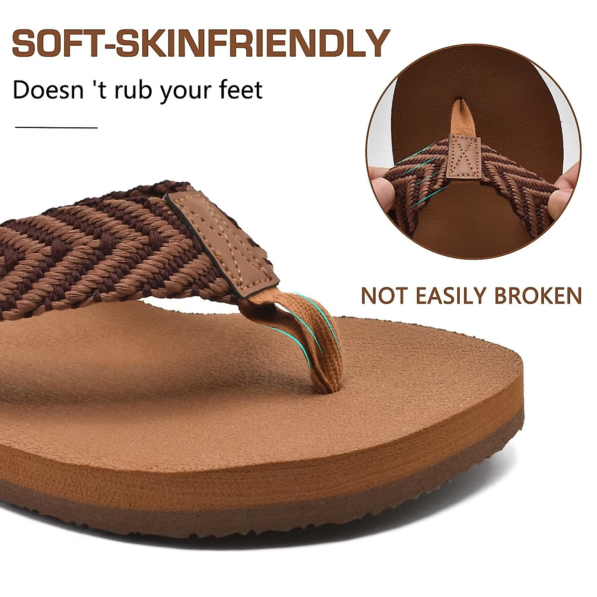 KuaiLu Men's Yoga Mat Leather Flip Flops Thong Sandals with Arch Support Khaki Brown Size 10