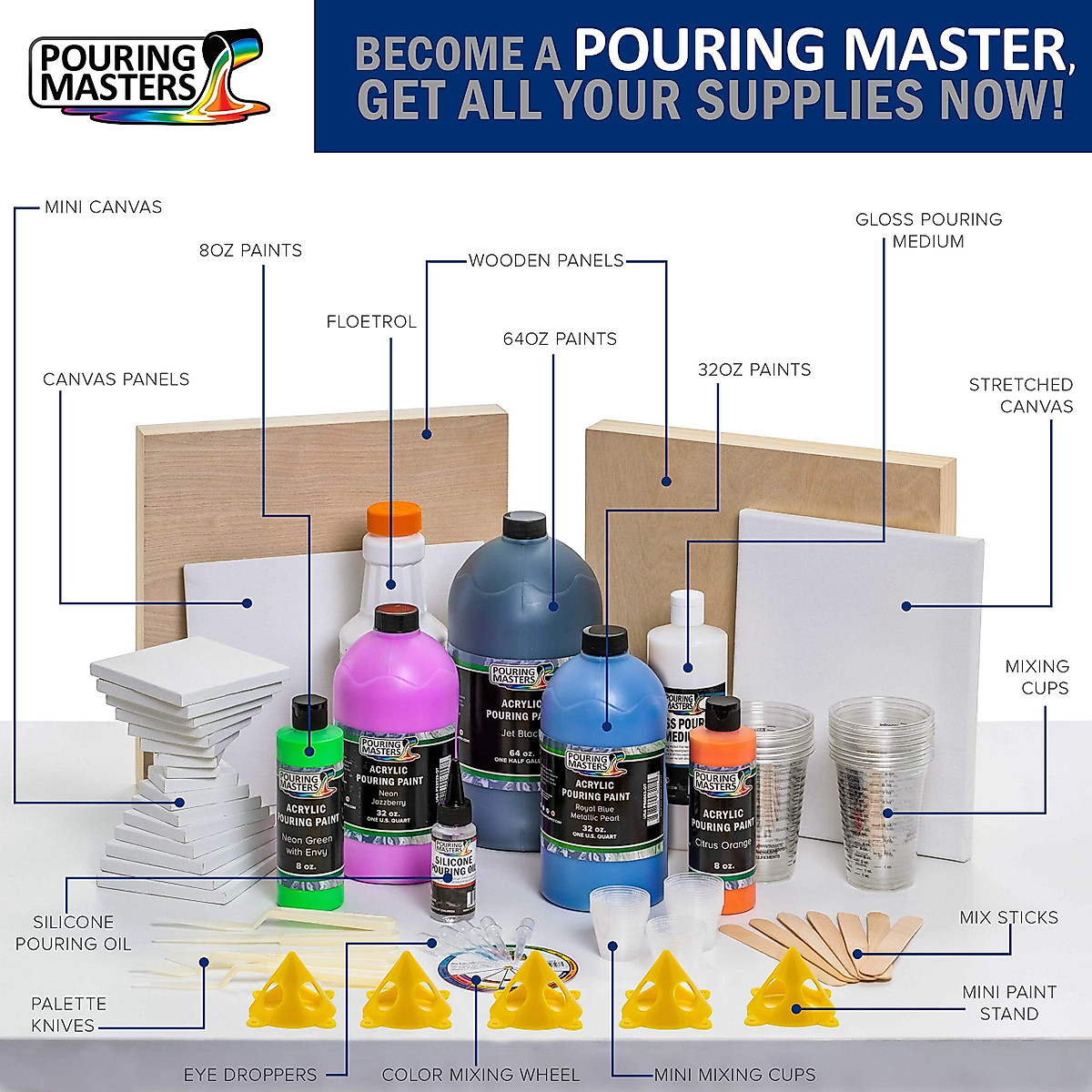 POURING MASTERS Jet Black Acrylic Ready to Pour Pouring Paint - Premium 32-Ounce Pre-Mixed Water-Based - for Canvas, Wood, Paper, Crafts, Tile, Rocks and More