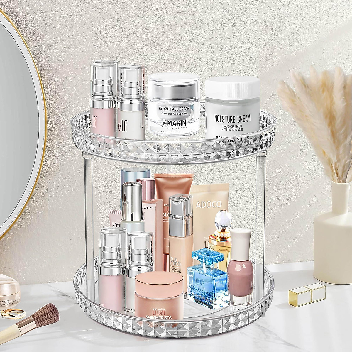 2 Tier Diamond Lazy Susan Bathroom Organizer Countertop, Clear 360 Rotating Cosmetic Makeup Organizer for Vanity, Skincare Organizers Perfume Organizer for Counter - Organization and Storage -9.25INCH