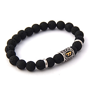 BAVIPOWER Set Rune Bead Bracelet and Viking Warrior Helmet Lava Rock Volcanic Stone Bead Elastic Adjustable Bracelet Bangle (Black)