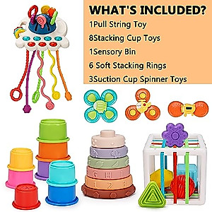 5 in 1 Baby Montessori Toys, Sensory Bin Pull String Teething Toy 0-6 to 12 Month Suction Cup Spinner Infant Travel Bath Toy 6 7 8 18 M+ Soft Stacking Cups Rings Learning Activity Toddler 0-2 Gift Set