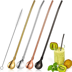 4 Pieces Spoon Straws Stainless Steel Drinking Spoon Straws Reusable Metal Cocktail Spoons Straws with Long Cleaning Brush