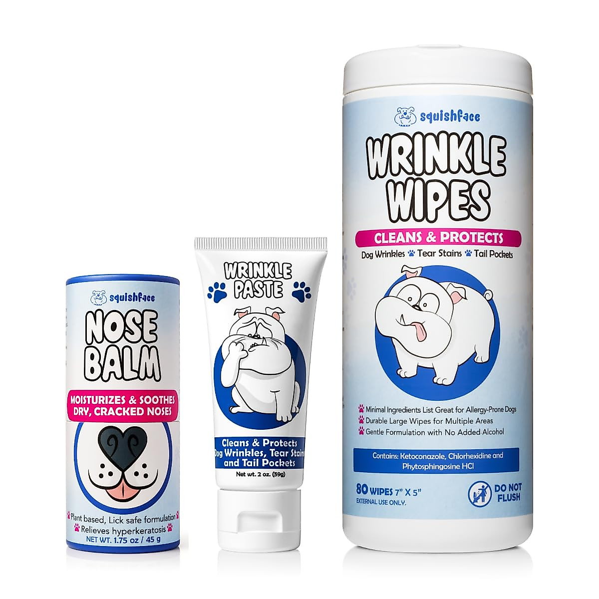 Squishface Wrinkle Paste + Wrinkle Wipes + Nose Balm Bundle - Nose to Tail Clean for Any Dog!