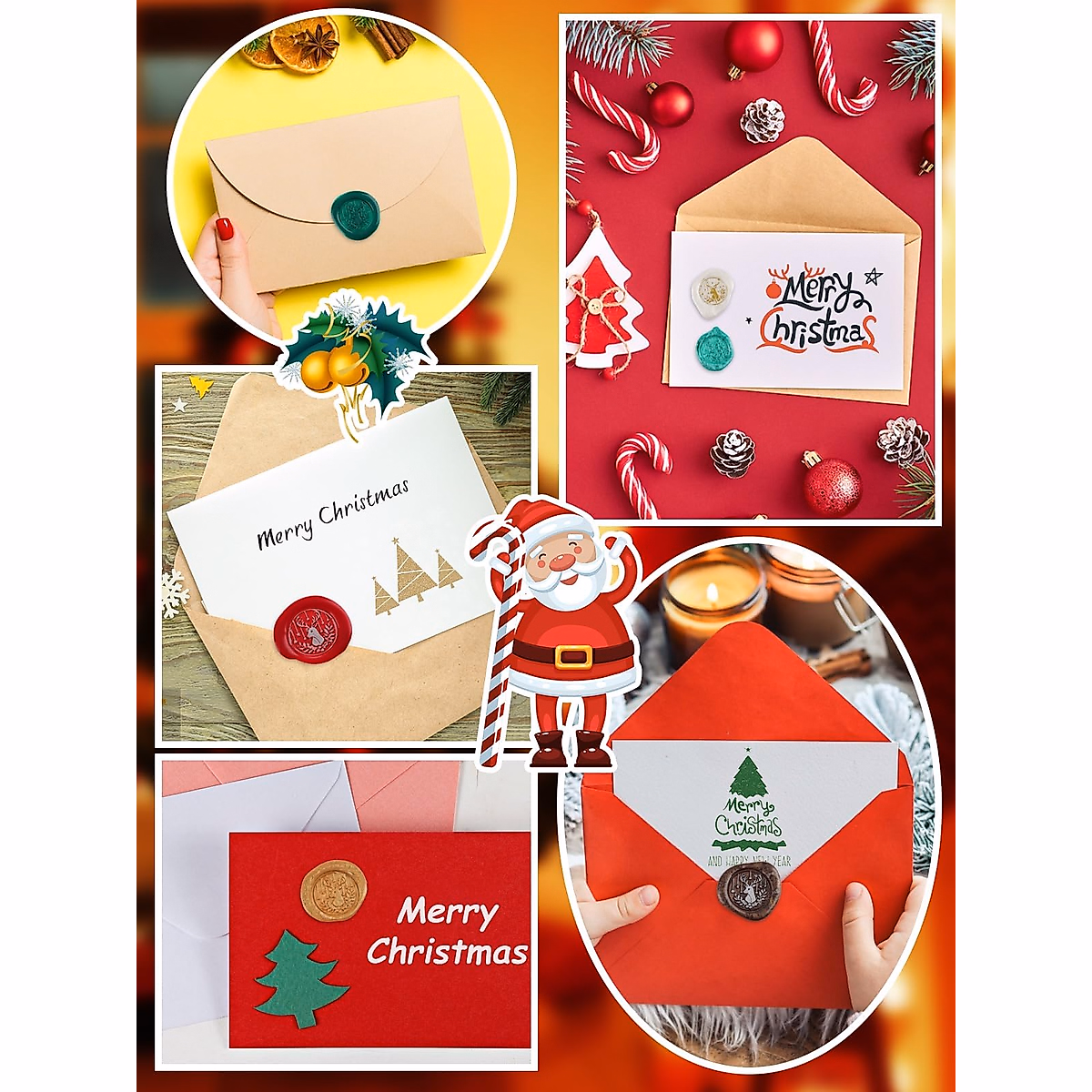 Christmas Wax Seal Stamp Kit Lanstics Wax Seal Stamp Brass Head, 200Pcs Sealing Wax Beads in 4 Colors, Wooden Hilt, Melting Spoon, Tea Candles for Cards Envelopes, Gift Packaging