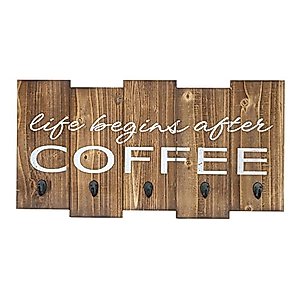 Barnyard Designs ‘Life Begins After Coffee’ Hanging Mug Holder, Wall Mounted Coffee Cup Organizer Rack, Rustic Farmhouse Wood Wall Decor Sign, For Kitchen, Coffee Bar or Cafe, Gray and White, 25” x 13