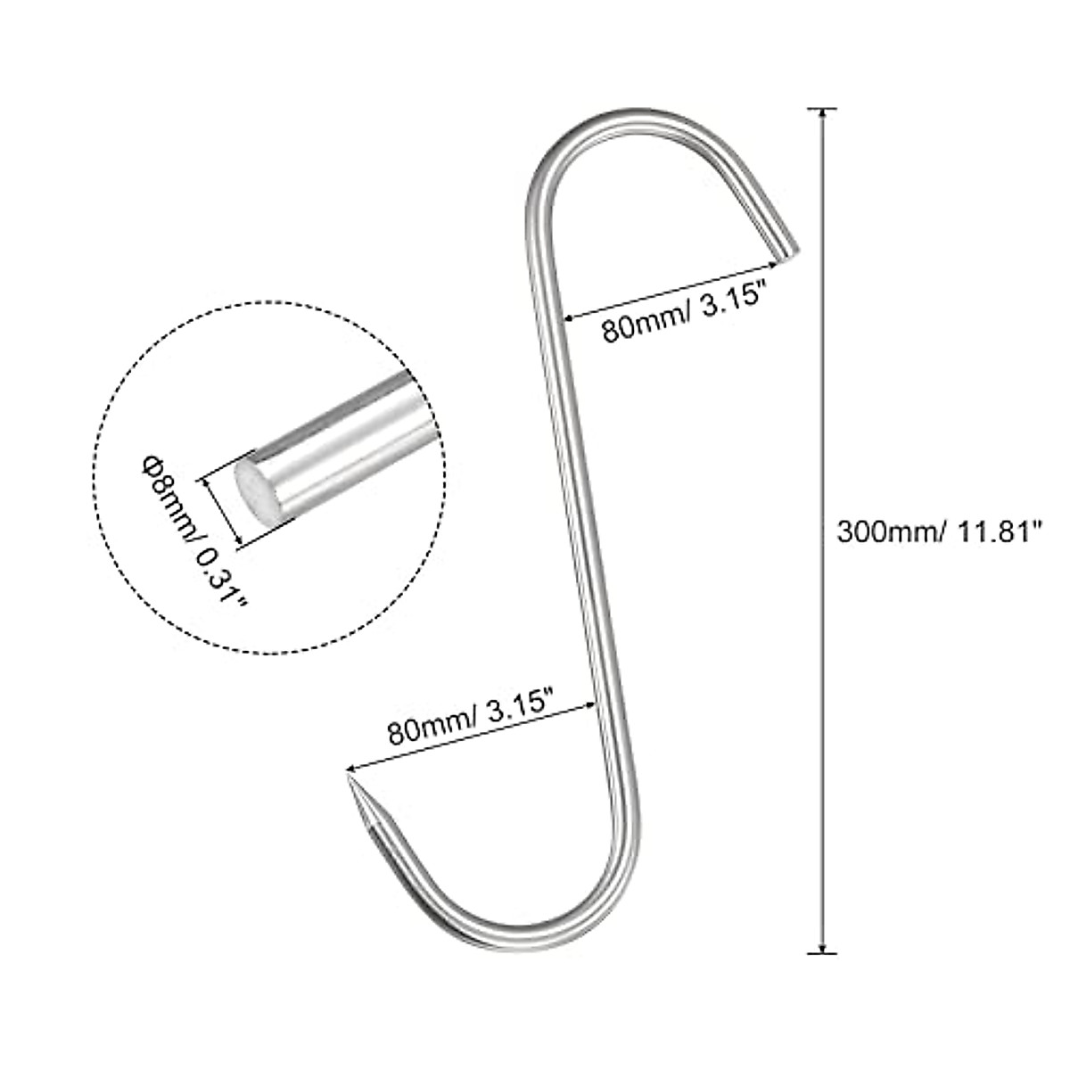 uxcell 11.81" Meat Hooks, 0.31" Thick Stainless Steel Butcher S-Hook for Meat Processing, Chicken Fish Beef Hanging Drying Smoking 8Pcs