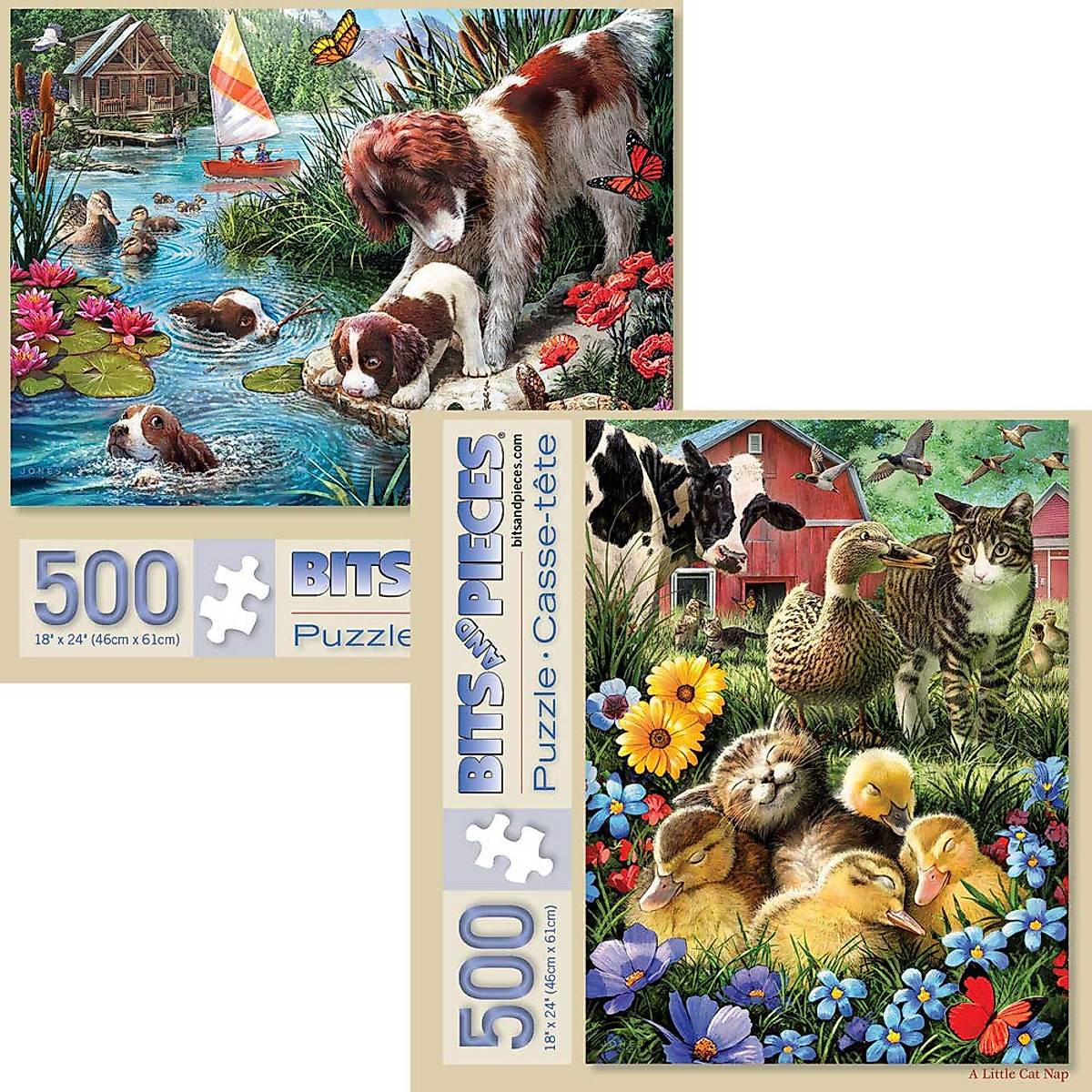 Bits and Pieces - Value Set of Two (2) 500 Piece Jigsaw Puzzles for Adults Cat Nap, Puppy Swimming - Each Puzzle Measures 18" X 24" - 500 pc Jigsaws by Artist Larry Jones