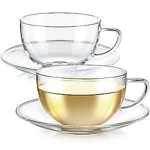 Teabloom Kyoto Teacup and Saucer Set 2-Pack – Large Size – 12 OZ/ 350 ML Capacity – Crystal Clear Design –– Premium Borosilicate Glass – Heat Resistant, Microwave Safe – Glass Mug Set