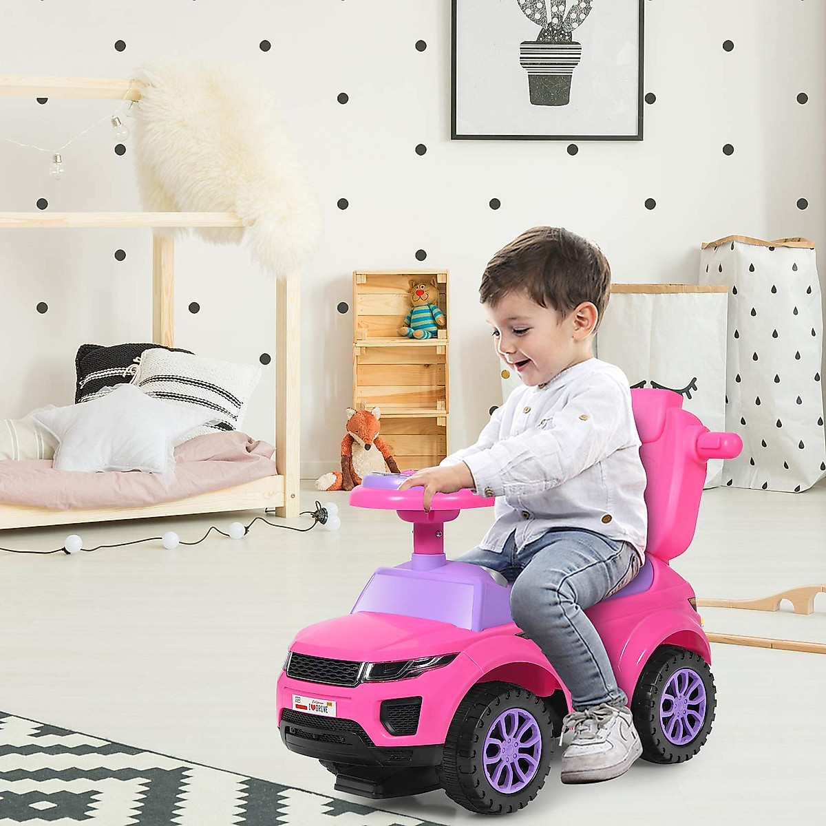 Costzon 3 in 1 Ride on Push Car, Stroller Sliding Walking Car with Horn, Music, Light, Under Seat Storage, Parental Handle, Armrest Guardrails, Ride on Toy for Boys & Girls (Pink)
