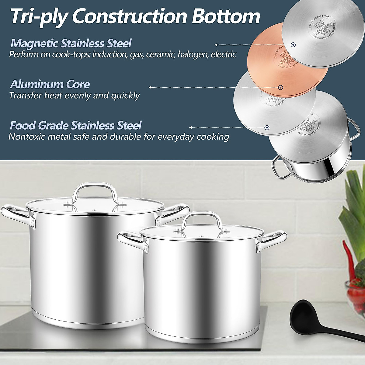 E-far 12 Quart Cooking Stock Pot, Large Stainless Steel Pot for Canning Simmering Stewing, Heavy Duty Cookware with Tri-ply Base for Induction Gas Stoves, Soup Pot with Glass Lid, Dishwasher Safe