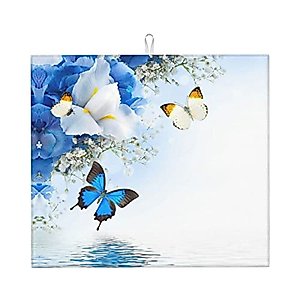 Flowers and Butterfly Printed Drying Mat For Kitchen Ultra Absorbent Microfiber Dishes Drainer Mats Non-Slip Silicone Quick Dry Pad - 18 X 16inch