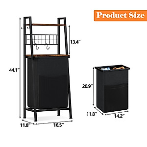 Furnulem 2 Tiers Laundry Hamper with Wooden Shelf and Hooks, Vertical Laundry Basket with Pull-Out and Removable Bag, Clothes Hamper with Divided Bag for Laundry Room, Bathroom, Bedroom, Dorm