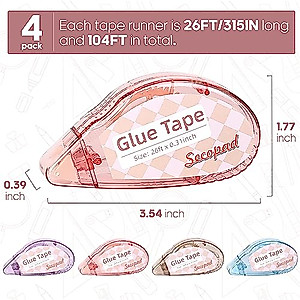 Secopad Scrapbook Tape, 4 Pack Double Sided Tape Roller for Crafts, Sticky Glue Tape Runner Scrapbooking Supplies for Adults and Kids, 0.3IN x 26FT