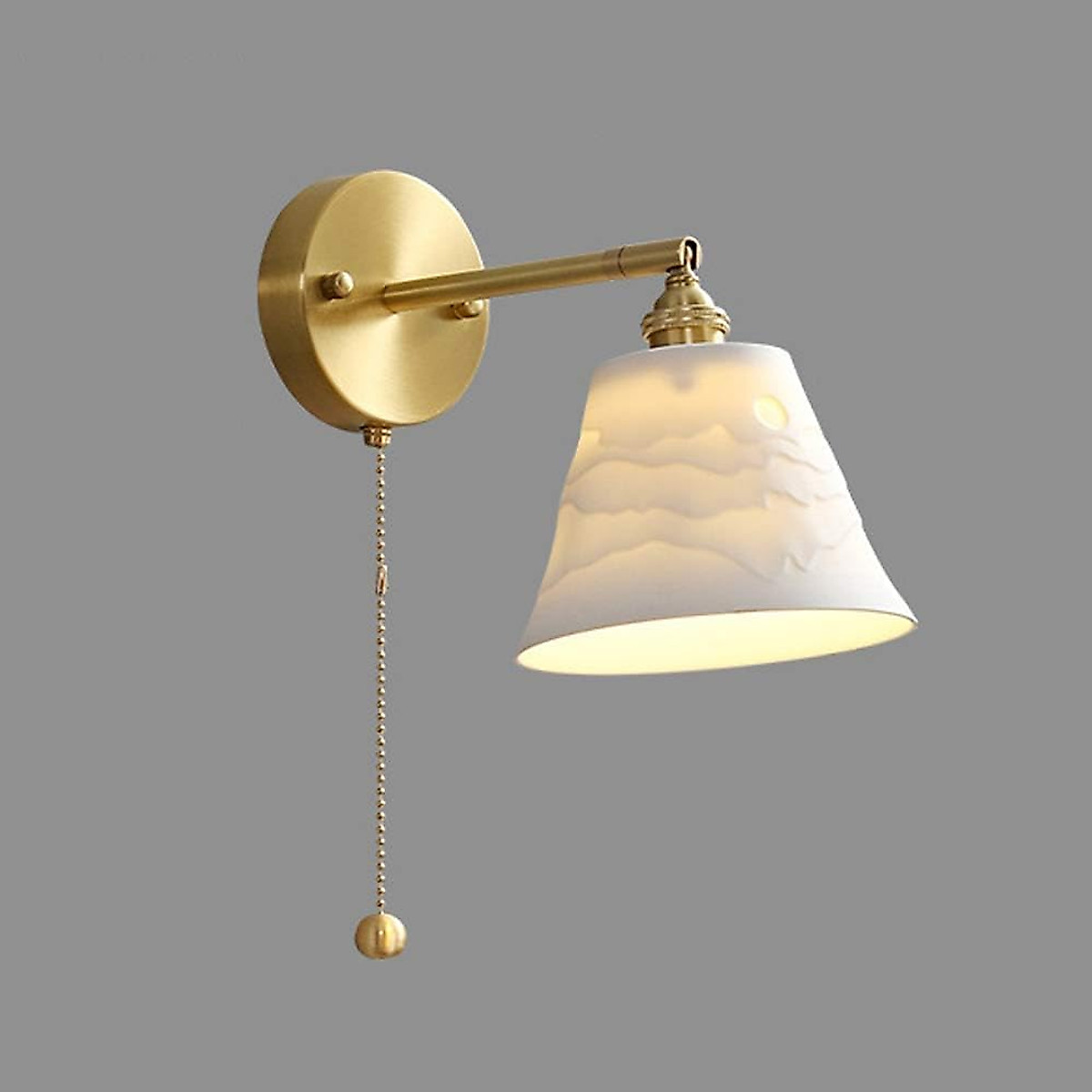MAIYO Nordic Brass Metal Indoor Wall Light, White Ceramic Wall Lamp with Pull Cord Switch, Home Decorative Wall Sconce, for Bedroom Living Room