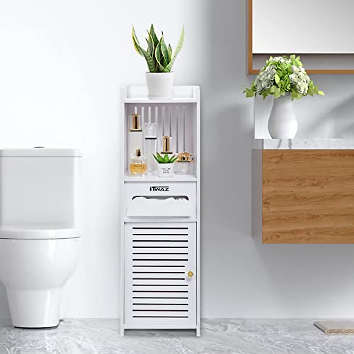 ITWAZ Multipurpose Bathroom Standing Cabinet with Single Door and 3-Layer, Free-Standing Shelves for Living Room Bathroom Storage Cabinet,9.8" Lx9.8 Wx31.5 H White B