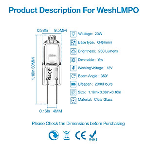 WeshLMPO G4 Bulb,12V 20W Halogen Light Bulbs 2 Pin,G4 Light Bulbs Replacement for Under Cabinet Puck Light,Chandeliers, Accent Lights, Track Lighting (12 Pack)
