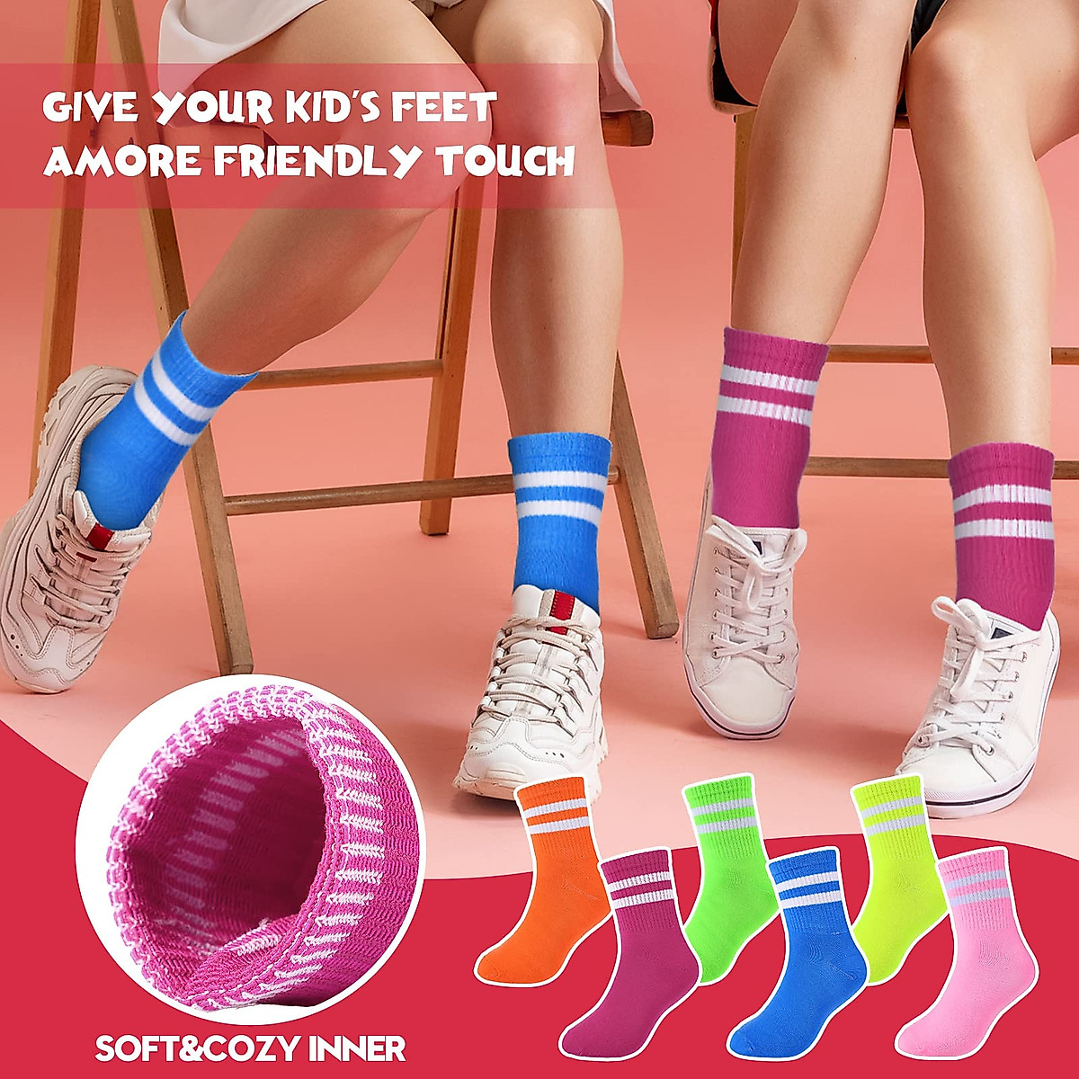 Tarpop 6 Pairs Neon Socks Neon Striped Crew Socks Tube Socks Striped Socks Men Women Ankle Socks Athletic Socks Short Socks (Bright Color)