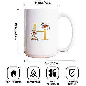 Yelolyio Watercolor Floral Monogram Coffee Mug, Alphabet Initial Letter H Coffee Cup, Monogram Mug Cup, 15oz