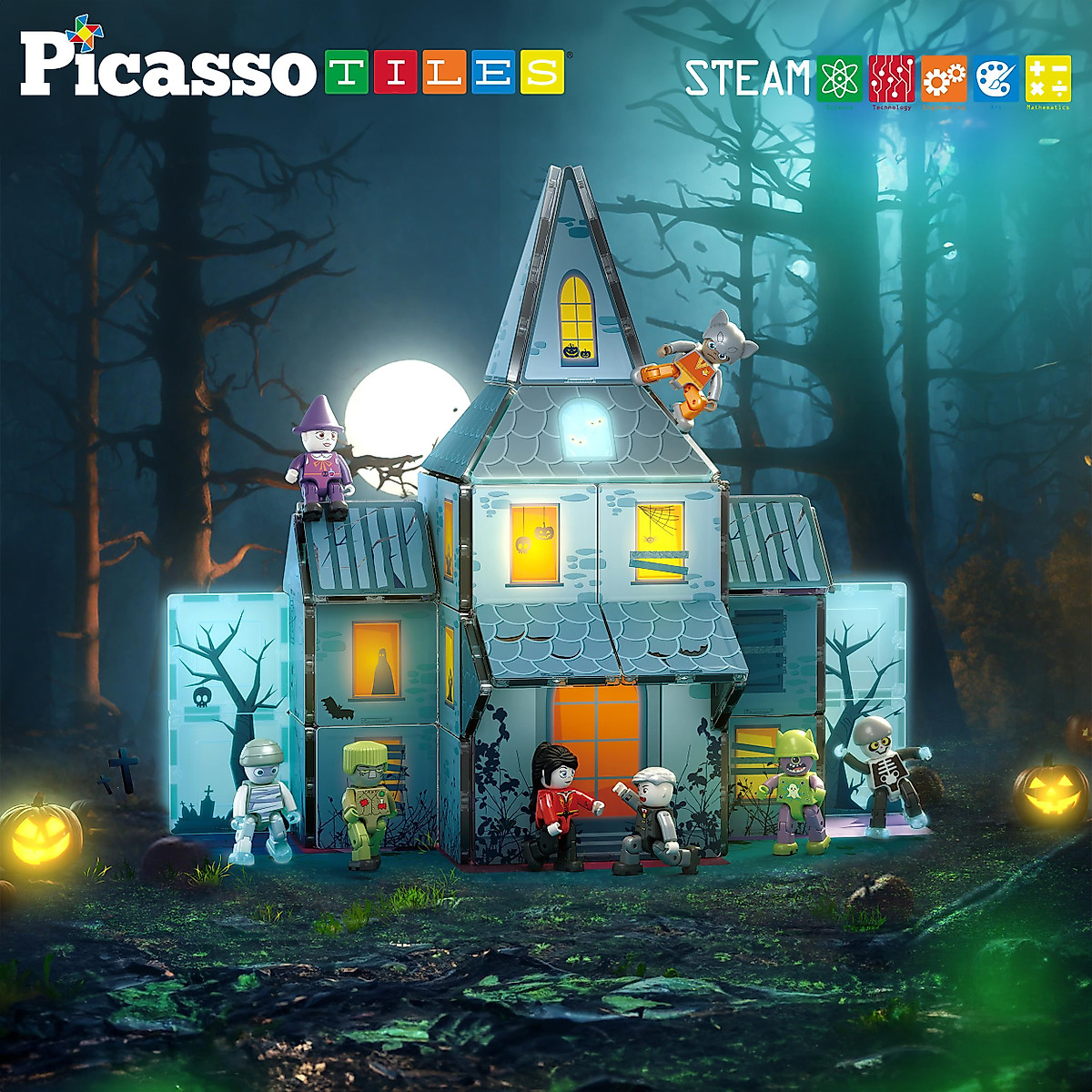 PicassoTiles Haunted House Theme Magnet Tile Building Blocks 8 Action Figures Magnetic Construction Toy Double Sided Printing Education STEM Learning Playset Halloween Adventure Kid Ages 3+ PTQ03