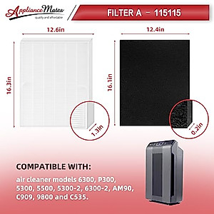 C535 Replacement Filter for Winix, 115115 HEPA Replacement Filter A for Plasmawave Filter 5300, 5500, 5000, 6300, 5300-2, 6300-2,P300,9000,AM90, 2 H13 True HEPA Filter + 8 Activated Carbon Pre-Filters