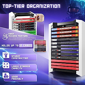 TNP Universal Video Game Storage Tower for PS5, PS4, PS3, Nintendo Switch, Xbox One, Xbox Series S/X - White Video Game Holder Organizer Stand with 12 CD Case Storage for Organizing & Displaying