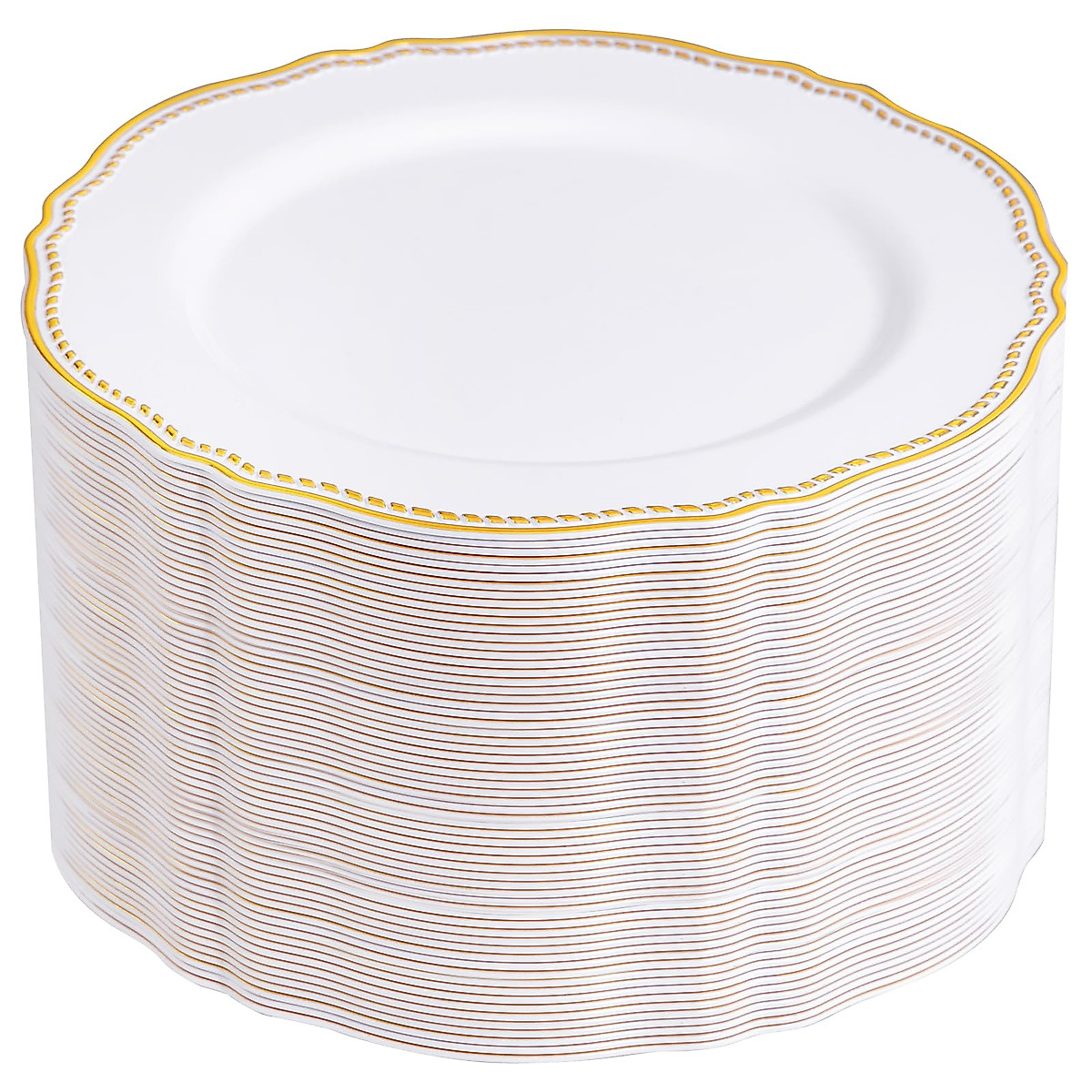 Hioasis 60pcs Gold Plastic Plates - White and Gold Trim Disposable Plates - 10.25 inch Gold Disposable Dinner Plates Perfect for Wedding & Party