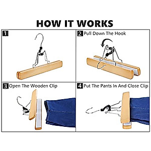 Amber Home Natural Wooden Pants Hangers 24 Pack, Wood Clamp Hangers with Non Slip Padded Velvet, Jeans/Slacks Hangers Hair Extension Hangers for Skirts, Trousers, Wigs (Natural, 24)