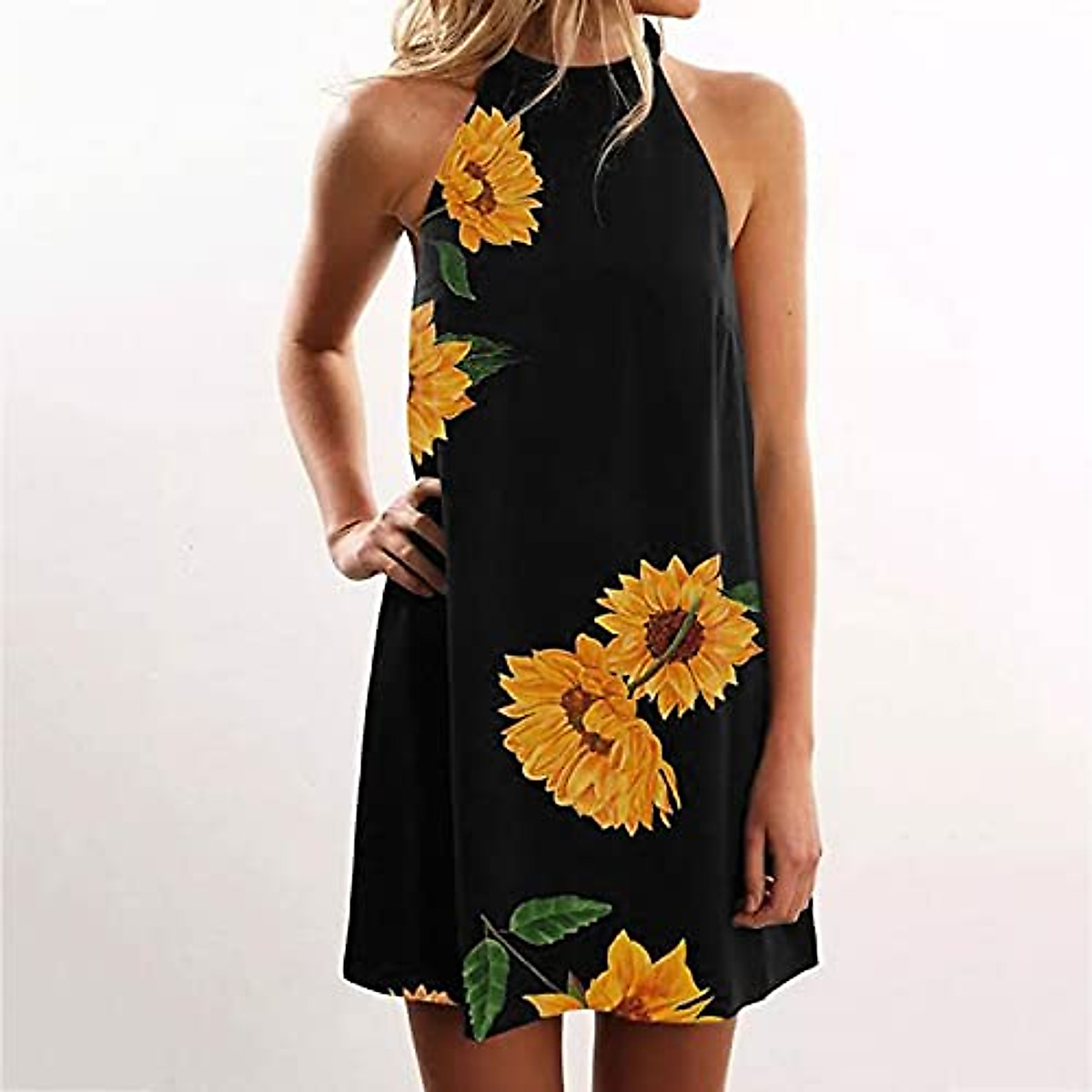 WYTong Women's Cocktail Dresses Fashion Sexy Sunflower Flower Print Dresses Sleeveless Round Neck Casual Dress(Yellow-A,Small)