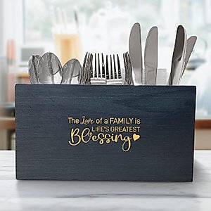 Krazy Case Wooden Kitchen Utensil Holder With 3 Compartments, Trendy Family Quote Utensil Organizer, Countertop Caddy Box, Wooden Utensil Caddy