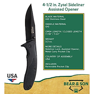 Bear Edge Zytel Sideliner, 3.5” 440 High Carbon Stainless Steel Blade, Black Zytel Handles, Assisted Opening with Reversible Pocket Clip (61106)