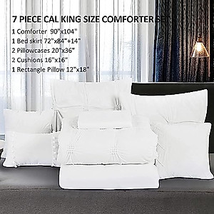 JML California King Comforter Set, 7 Piece Pinch Pleat Bed in a Bag Set with Shams and Decorative Pillows - Luxury Pintuck Microfiber Down Alternative Bedding Comforter Sets,White