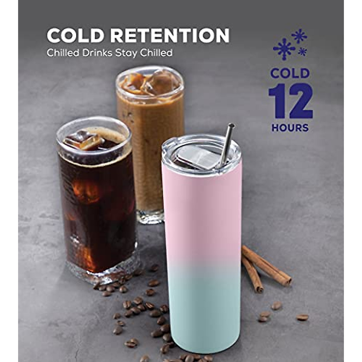 Insulated Skinny Stainless Steel Tumbler Set - 4-Pack 20oz Coffee Tumbler with Straw - Travel Coffee Mug With PBA Free Lids - Slim Vacuum Insulated Tumblers Keep Hot and Cold - Great for Home, Office.