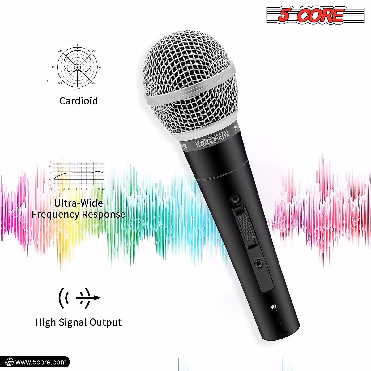 5 CORE Professional Dynamic Vocal Microphone Neodymium Cardioid Unidirectional Handheld Mic for Speakers, Karaoke W/Steel Mesh Grille, Metal Body ON/Off Switch w/16ft Detachable Cable+ Clip+ Bag