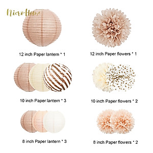 NICROHOME Wedding Decorations, 12 PCS Champagne Tissue Paper Pom Poms and Lanterns Set, Creamy White Paper Flowers for Engagement Receptions, Boho Bridal Showers Party Supplies