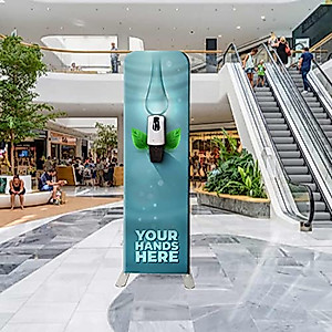 BannerBuzz Hand Sanitizer Automatic Dispenser Floor Stand Kit Touchless Machine with YOUR HANDS HERE Fabric Banner Stand Best for Hospital, Home, School, Office- 2 X 6.5 Ft (Double Side Print, Theme2)