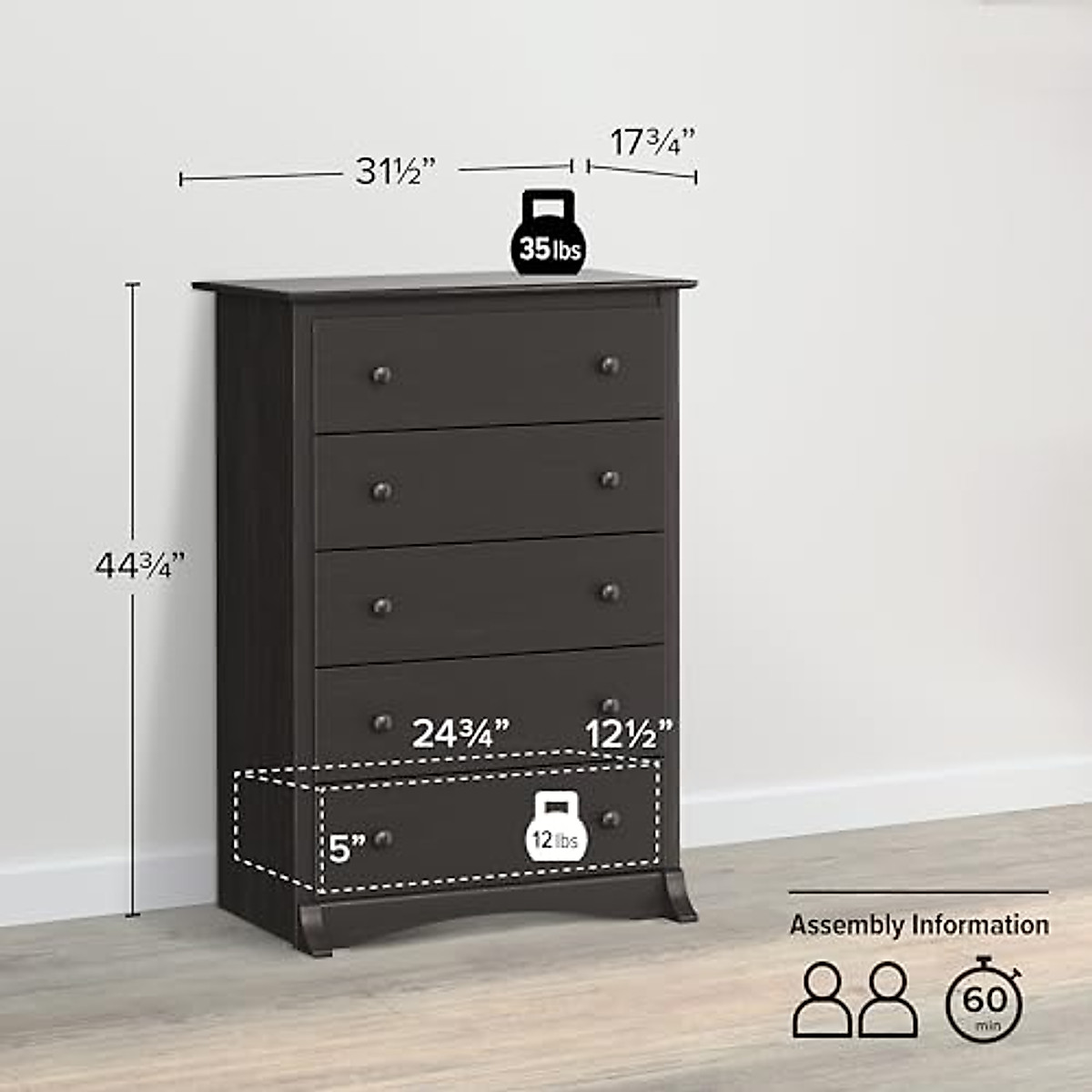 Prepac Sonoma Traditional 5-Drawer Tall Dresser for Bedroom, Functional Bedroom Dresser Chest of Drawers 17.75" D x 31.5" W x 44.75" H, Washed Black