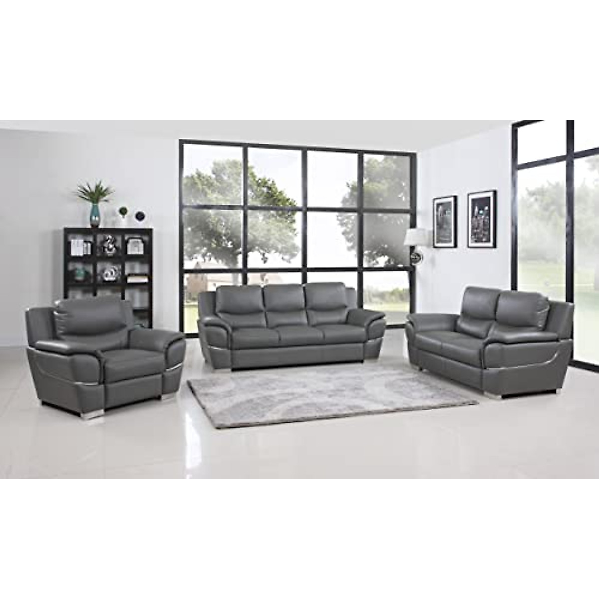 Blackjack Furniture Binion 1 Piece Modern Genuine Leather Sofa for Living Room with Padded Headrest, Wide Arms & Chrome Accents, Elegant Upholstered Couch, Sofa, Gray