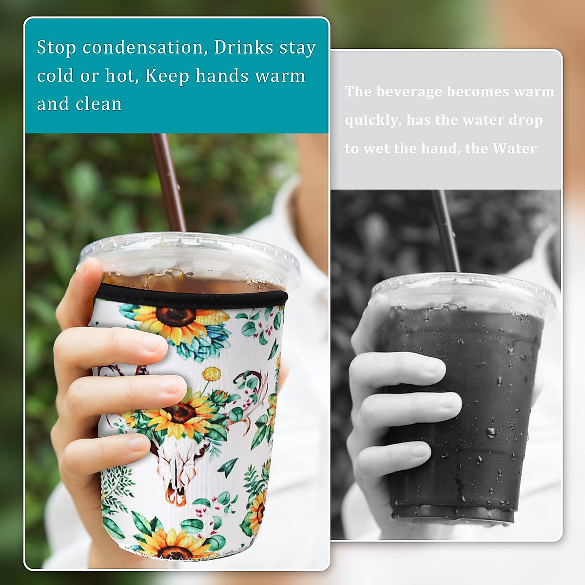 Reusable Iced Coffee Sleeve for Cold Drink Cups, Neoprene Insulator Cup Cover Holder Compatible with Starbucks Dunkin McDonalds Coffee - 3mm Thick (Large Size 30-32oz, Flowers Style