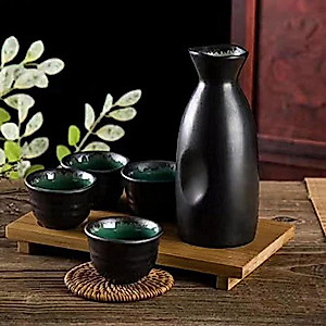 Sake Set Black Japanese 5 Pieces Traditional Japanese Sake Cup Set Hand Painted Design Porcelain Pottery Ceramic Cups Crafts Wine Glasses Gifts (Classic, 280 ML)