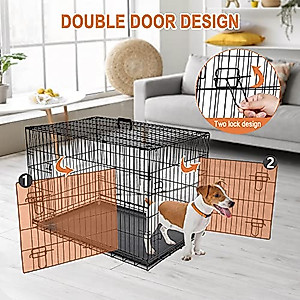 30/36/42Inches Double Door Dog Crate Folding Metal Wire Dog Kennel Cage with Tray for Small/Medium/Large Dogs Indoor Outdoor Travel Use