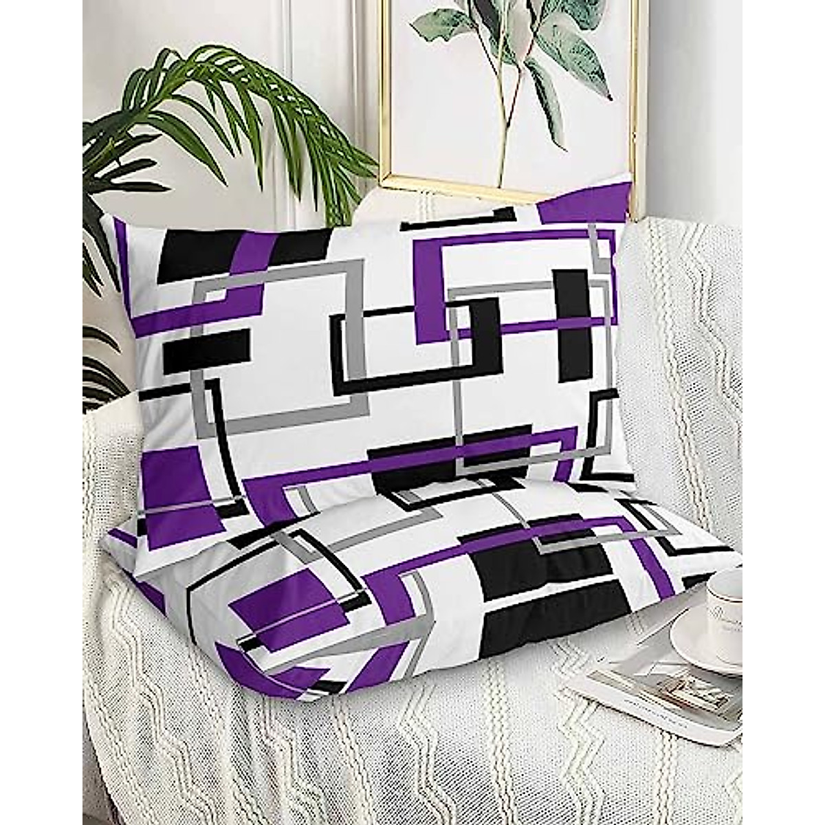 Edwiinsa Purple Grey Black Pillow Covers Standard Size Set of 2 20x26 Bed Pillow, Modern Geometry Abstract Art Aesthetics Plush Soft Comfort for Hair/Skin Cooling Pillowcases with Envelop Closure