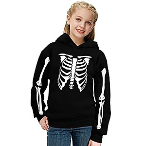 Remimi Kids Halloween Skeleton Pullover Hoodie Pocket Long Sleeve Black Graphic Printed Sweatshirt 13-14 Years