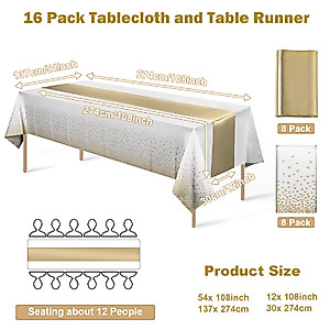 16Pack Disposable Plastic Tablecloths and Satin Table Runner Set White and Gold Dot Tablecloth Gold Satin Table Runner for Wedding Birthday Baby Shower Anniversary Christmas New Year Party Decorations