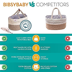 BIBSYBABY Diaper Caddy Baby Basket - 100% Cotton Rope Diaper Basket with 2 Pockets, Handle Locker and Removable Shoulder Strap - Baby Shower Bag & Baby Registry Must Haves, Brown