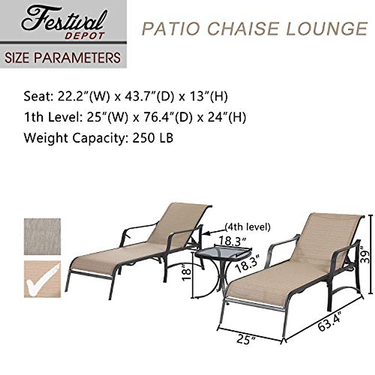 Festival Depot 3 Pc Patio Bistro Outdoor Chaise Lounge Chair Set Textilene Furniture Metal Adjustable Back Curved Armrest with Glass Desktop Coffee Side Table for Porch Yard Garden (Beige)